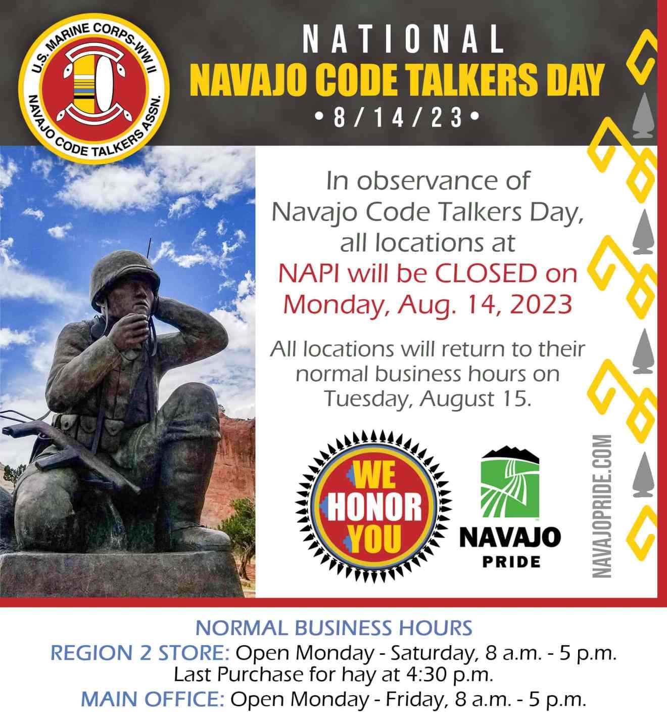 Navajo Code Talkers Day – 08/14/23 – Navajo Agricultural Products Industry